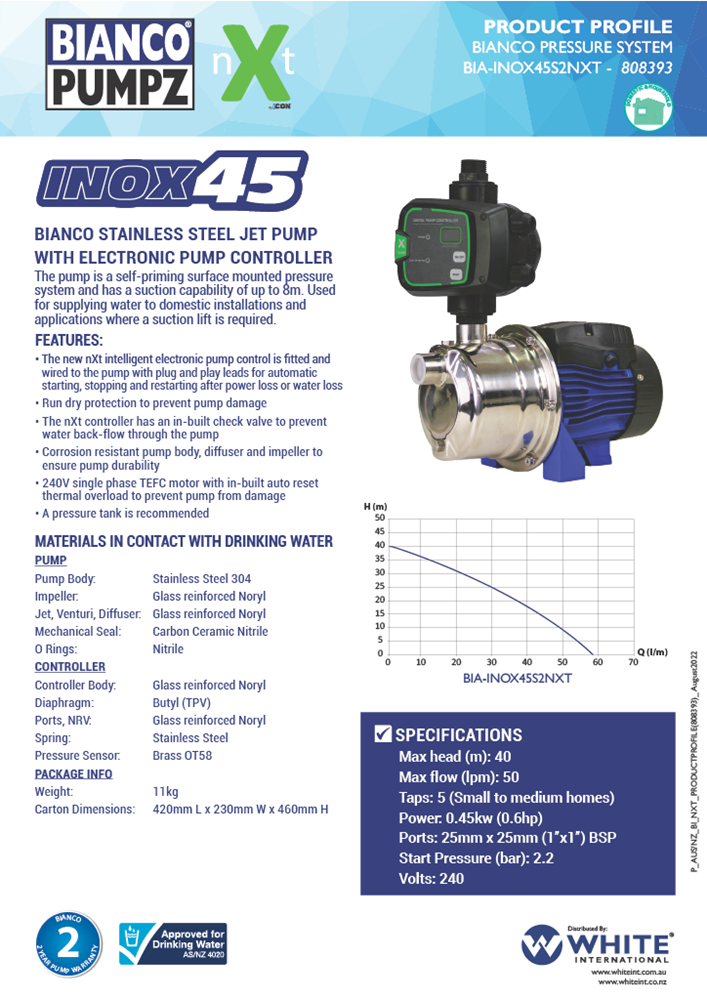 BIA-INOX45S2NXT - Stainless Steel Surface Mount Pump with nXt Controll ...